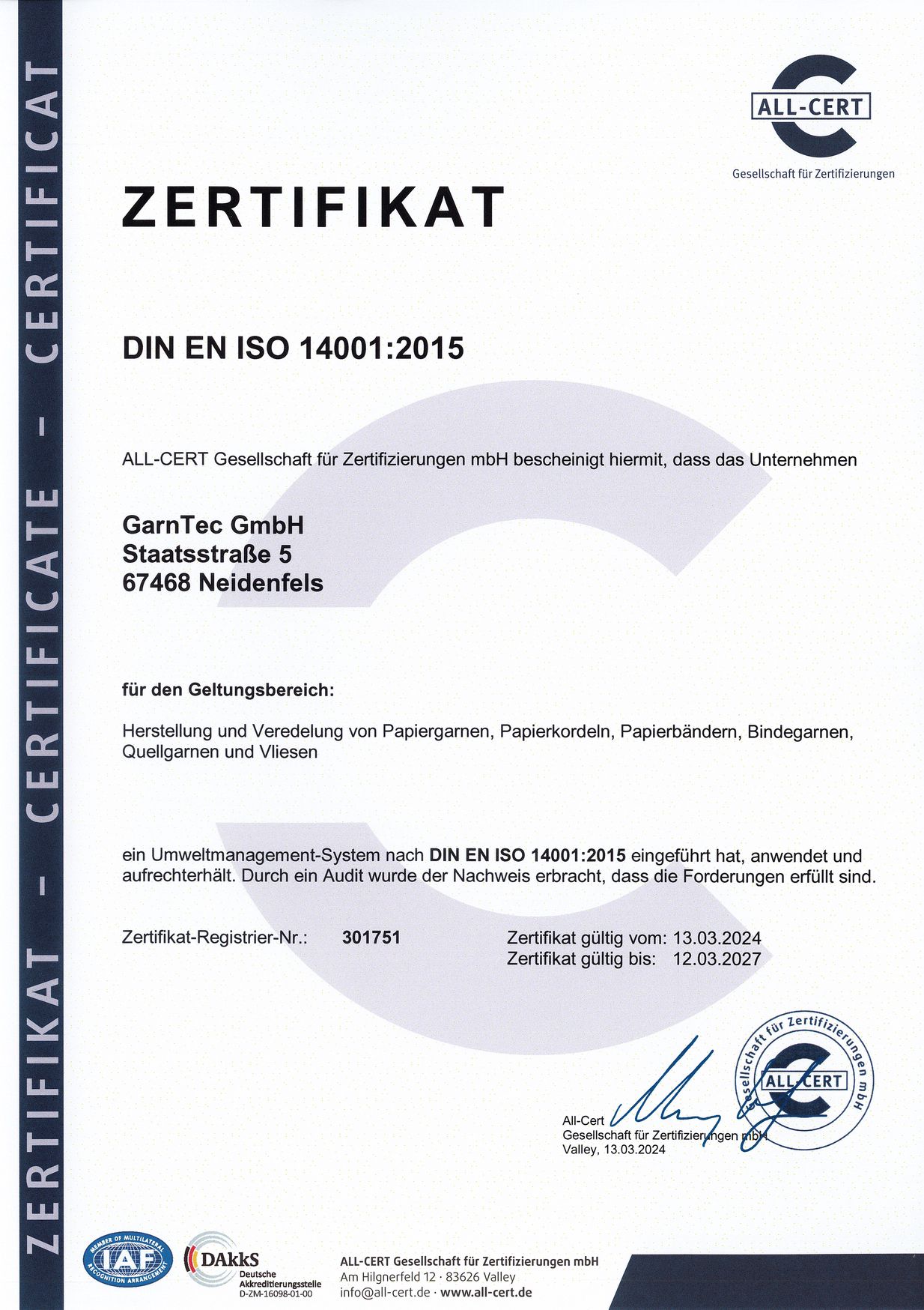 Zertifizierung nach DIN EN ISO 14001:2015 - GarnTec